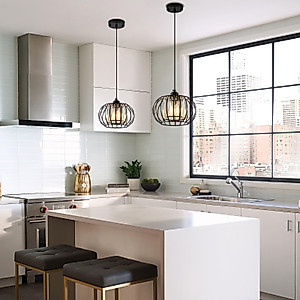 XSDeTu Black Pendant Light Fixture, Farmhouse Hanging Lights with Crystal, Adjustable Mini Kitchen Pendant Light, Modern Industrial Metal Wire Caged Hanging Pendant Lamp for Living Room, Bedroom