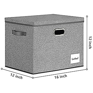 LHZK Extra Large Storage Bins with Lids 16x12x12 Foldable Linen Fabric Storage Boxes with Lids, Decorative Fabric Storage Bins with Label & 3 Handles for Shelves Bedroom Home Office (Grey, 2-Pack)