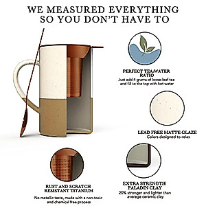 Mora Ceramics Tea Cup with Loose Leaf Infuser, Spoon and Lid, 12 oz, Microwave and Dishwasher Safe Coffee Mug - Rustic Matte Ceramic Glaze, Modern Herbal Tea Strainer - Great Gift for Women, Petro