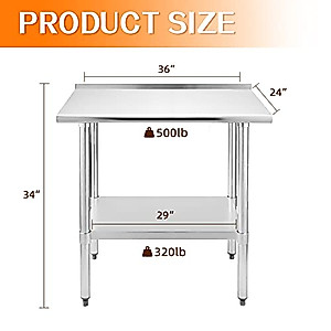 HOCCOT Stainless Steel Table for Prep & Work 24" X 36" inches with Adjustable Shelf and Backsplash, Commercial Workstations, Utility Table in Kitchen Garage Laundry Room Outdoor BBQ