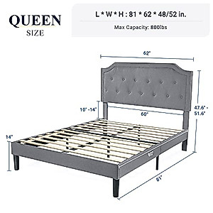 Allewie Upholstered Queen Size Platform Bed Frame with Adjustable and Curved Corner Design Headboard, Easy Assembly, No Box Spring Required, Light Grey