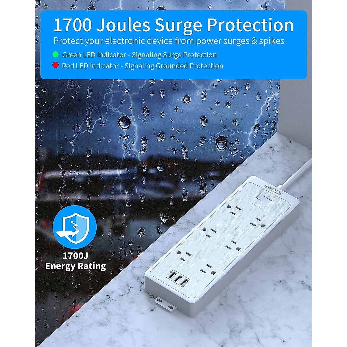 15 FT Extension Cord Surge Protector Power Strip 6 Super Wide Spaced Outlets, NTONPOWER Flat Plug Surge Protector Wall Mount with 3 USB, 1875W, 15A, 1700 Joules, Overload Protection for Home Office