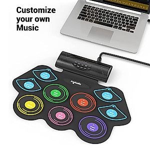 PAXCESS Portable 9 Pad Roll-Up Electronic Drum Set with Realistic Sounds, Foot Pedals, Drumsticks, Built-In Speaker, and Rechargeable Battery