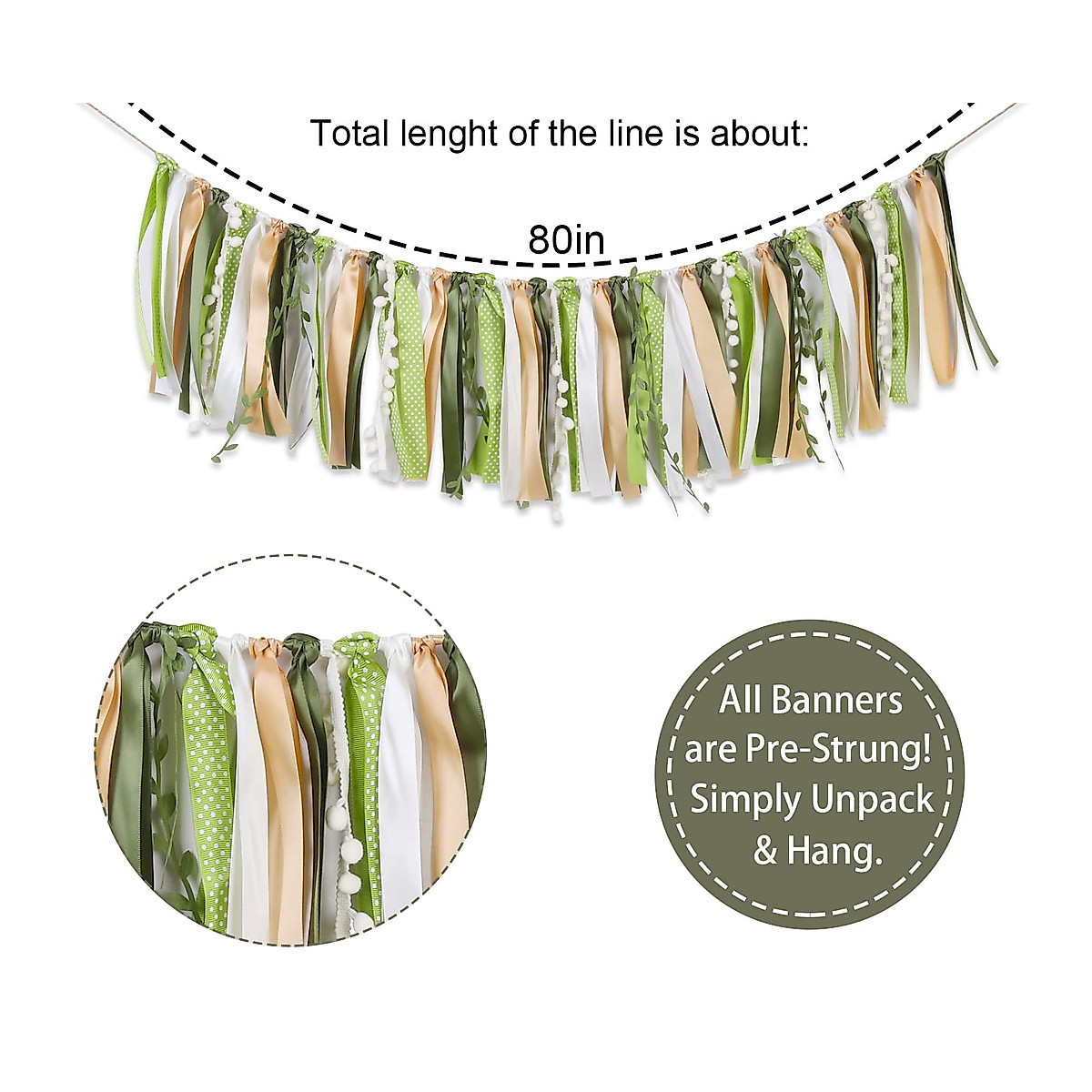 Greenery Ivory Gold Ribbon Garland - Fabric Tassel Banner for Gender Neutral Baby Shower, Woodland First Birthday Decorations, Wedding Backdrop, Bridal Shower Decorations, Photo Booth Backdrop