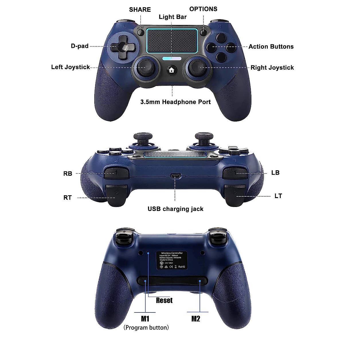 TJPD Wireless Controller for PS4, Wireless Remote Gamepad with 2 Programmable Back Buttons/Turbo/Dual Vibration/Touch Pad/Six-axis Motion (Blue) (Blue)