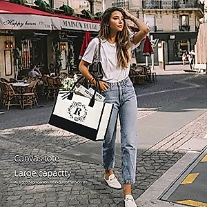 SUNELGIRL Personalized Initial Canvas Bag, Monogrammed Gift Tote Bag for Women, Mom, Teachers, Friends, Bridesmaids (R)