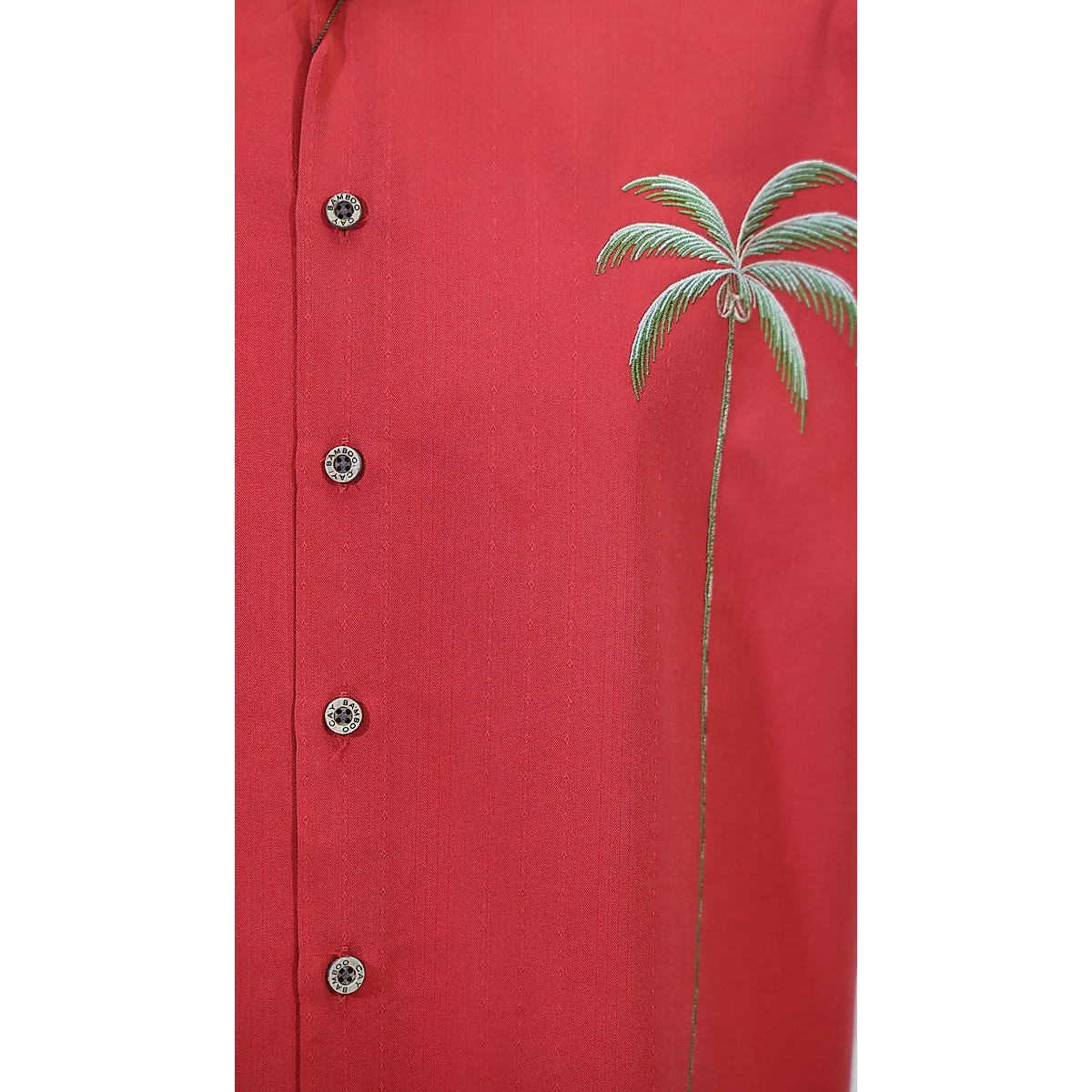 Bamboo Cay Men's Single Palm Tropical Style Embroidered Camp Shirt (Large, Tomato)