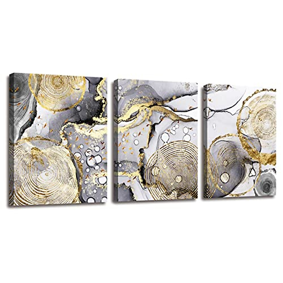 Gold Abstract Wall Art 3 Pieces Modern Framed Artwork Black and White Grey Gold Fluid Ink Annual Rings Pictures Canvas Prints Painting for Living Room Bedroom Kitchen and Office Wall Decor Home Decor