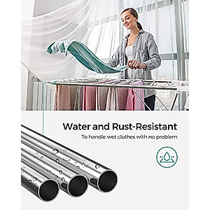 SONGMICS Clothes Drying Rack, with Sock Clips, Metal Laundry Rack, Foldable, Space-Saving, Free-Standing Airer, with Height-Adjustable Gullwings, Indoor Outdoor Use, Silver and White ULLR052W01