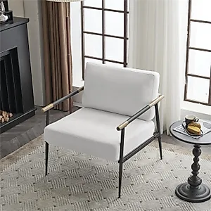 Penifun Modern Chic Accent Metal Frame, Upholstered Chenille Living Room Chairs with Removable Seat & Back Cushion, Comfy Leisure Lounge Reading Side Armchair for Bedroom, White