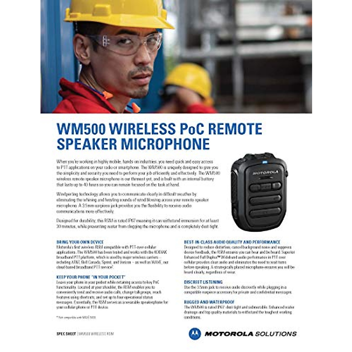 WM500 Bluetooth Remote Speaker Microphone Kit# PMMN4127 which Includes USB Charging Cable - Compatible with TLK100 & TLK150 PoC Two Way Radios - by Motorola Solutions