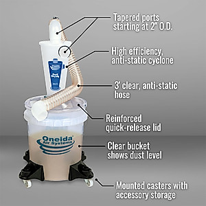 Oneida Air Systems Dust Deputy Deluxe Cyclone Separator Kit with Caster Mounts and Clear Collapse-Proof Bucket for Wet/Dry Shop Vacuums (DD Deluxe 5-Gal)