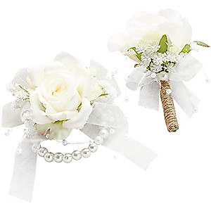 Floroom Ivory Rose Wrist Corsage Bracelet Wristlet Band and Men Boutonniere Set for White Wedding Flower Accessories Prom Suits