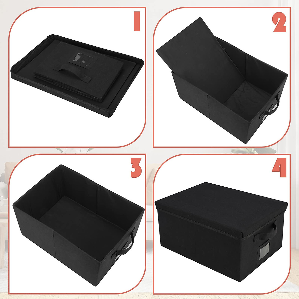 Graciadeco 22.8qt Closet Storage Boxes with Lids Black Folding Keepsake Storage Bins Stackable Flat Lidded Carboard Storage Contaner for Clothes Barbie Shoes, 2 Pack