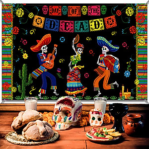 Day of The Dead Party Supplies, 6 x 3.6 ft Extra Large Fabric Day of The Dead Backdrop Banner for Halloween - Party Decoration Photo Booth Backdrop Skull Background Banner