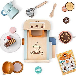 Tiny Land Kids Coffee Maker Wooden Kitchen Toys - 17Pcs Toy Coffee Maker Playset - Wooden Play Toys, Play Kitchen Accessories for Girls & Boys