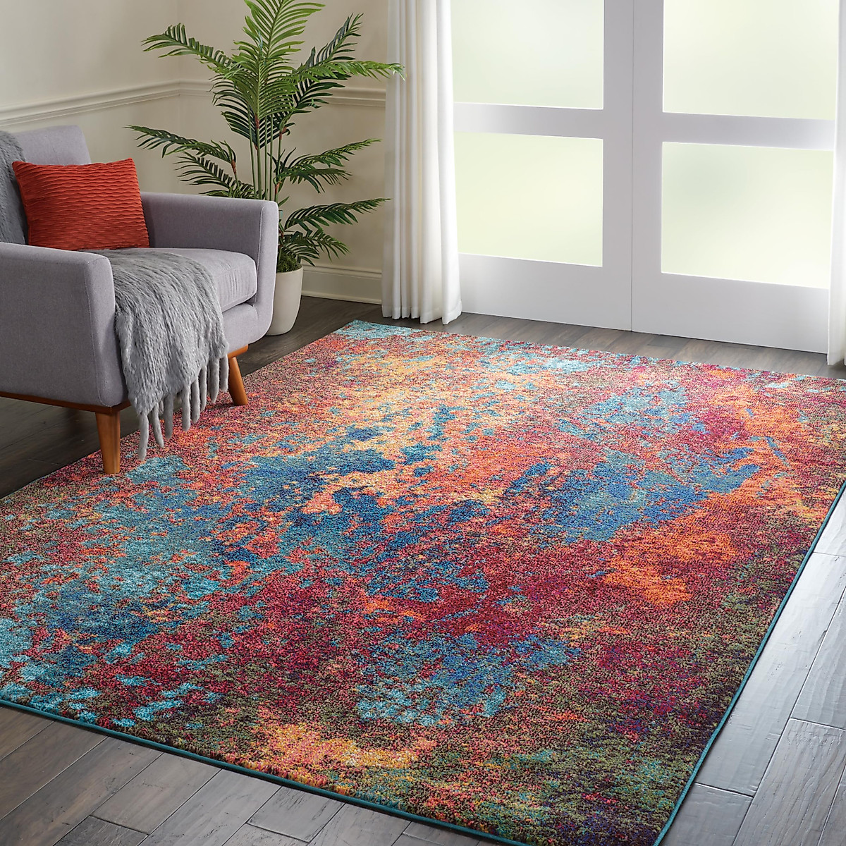 Nourison Celestial Red/Blue Atlantic 7'10" x 10'6" Area -Rug, Contemporary, Abstract, Easy -Cleaning, Non Shedding, Bed Room, Living Room, Dining Room, Kitchen, (8' x 11')