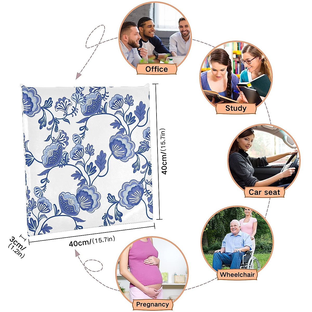 susiyo Square Chair Pads, Colorful Flowers Chinoiserie Style Seat Cushion Comfort Reduces Pressure Washable Memory Foam Chair Cushions for Kitchen Dining Carpet Rug Office Car 15.7" x 15.7"