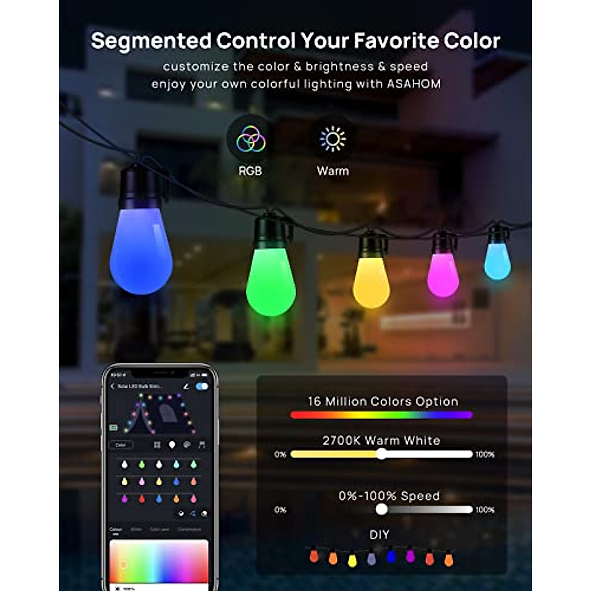 ASAHOM Solar Powered Outdoor String Lights Color Changing, 48ft Waterproof Solar RGB Patio Lights with 15 Dimmable Shatterproof Warm White LED Bulbs, 5000mAh Solar Panel Capacity for Garden Gazebo