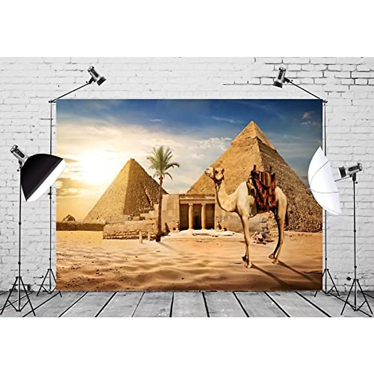 BELECO 9x6ft Fabric Egypt Pyramids Backdrop Photography Ancient Egyptian Pyramid Camel Backdrop Giza Desert Scene Coconut Tree Sunset Sky Scenery Room Decor Africa Desert Travel Portrait Photo Props
