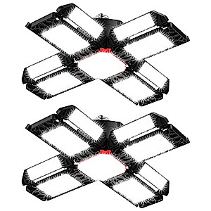 Rafow 200W LED Garage Lights 2 Pack - 20000LM 6500K Deformable Ceiling Lighting Fixture with 12 Adjustable Panels - E26/E27 Bay Light for Garage, Basement, Shop, Workshop, Warehouse