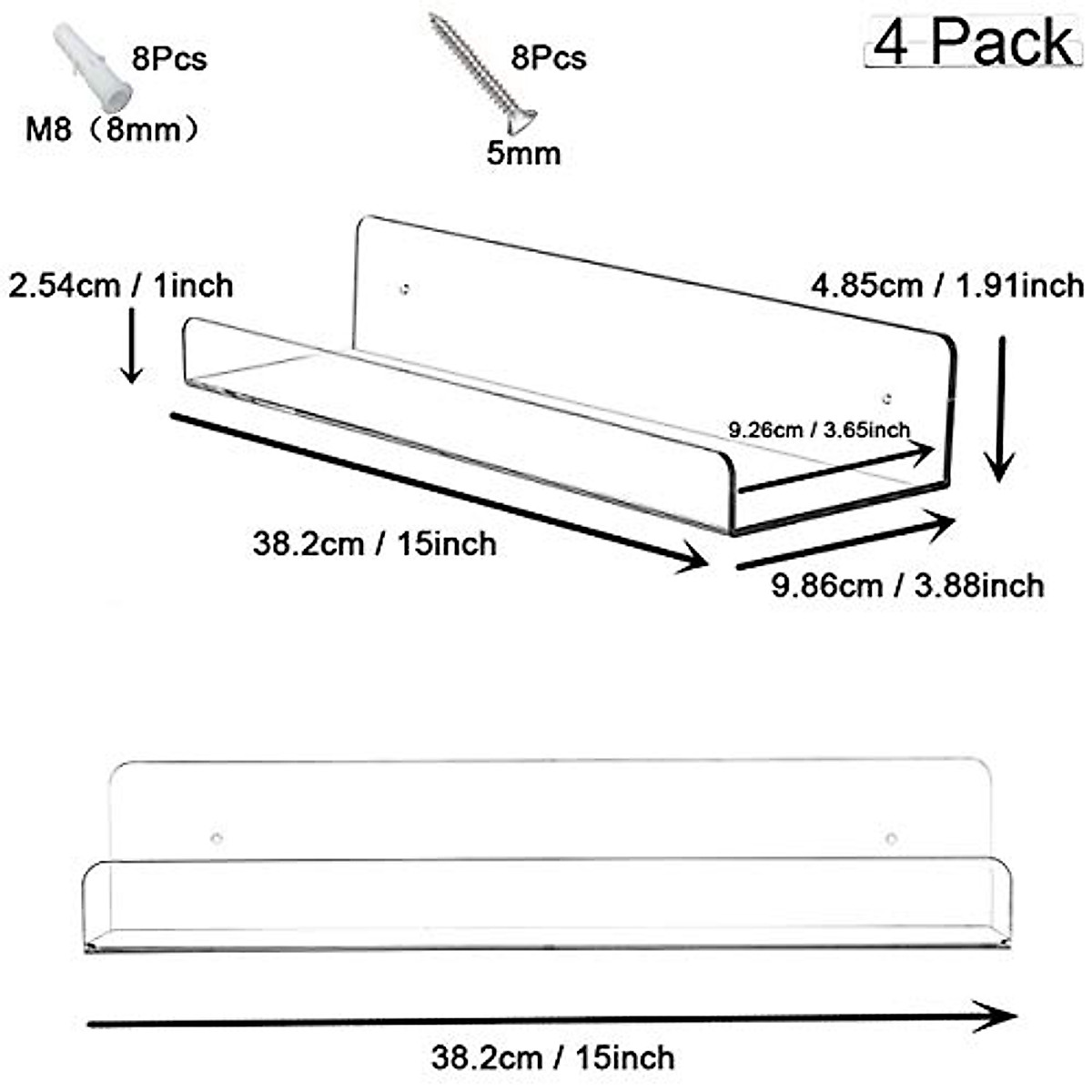 Cerpourt Acrylic Floating Wall Ledge Shelf, Wall Mounted Nursery Kids Bookshelf, Invisible Spice Rack, Clear Bathroom Storage Shelves Display,Acrylic 15" Invisible Bookshelf, Set of 4