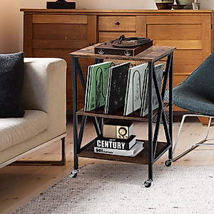 GOFLAME Record Player Stand, 3-Tier Rolling Vinyl Record Storage Holder Stand with 3 Dividers, Turntable Stand with Universal Wheels and Lockable Casters for Living Room, Bedroom, Office, Brown