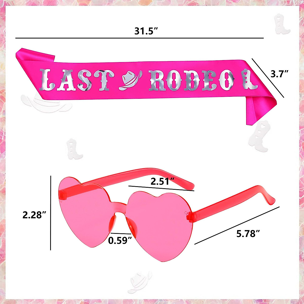 JeVenis 2 PCS Last Rodeo Sash Pink Heart Sunglasses Last Rodeo Bachelorette Party Favors Western Cowgirl Bachelorette Bridal Shower Decoration