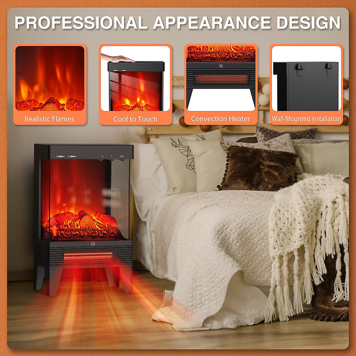 Electric Fireplace Stove, 1500W Wall Mountable Fireplace Heater Freestanding with 3-Sided View, 3D Flame Effect, Adjustable Brightness & Heating Mode, Overheat Protection, Thermostat(Upgraded)