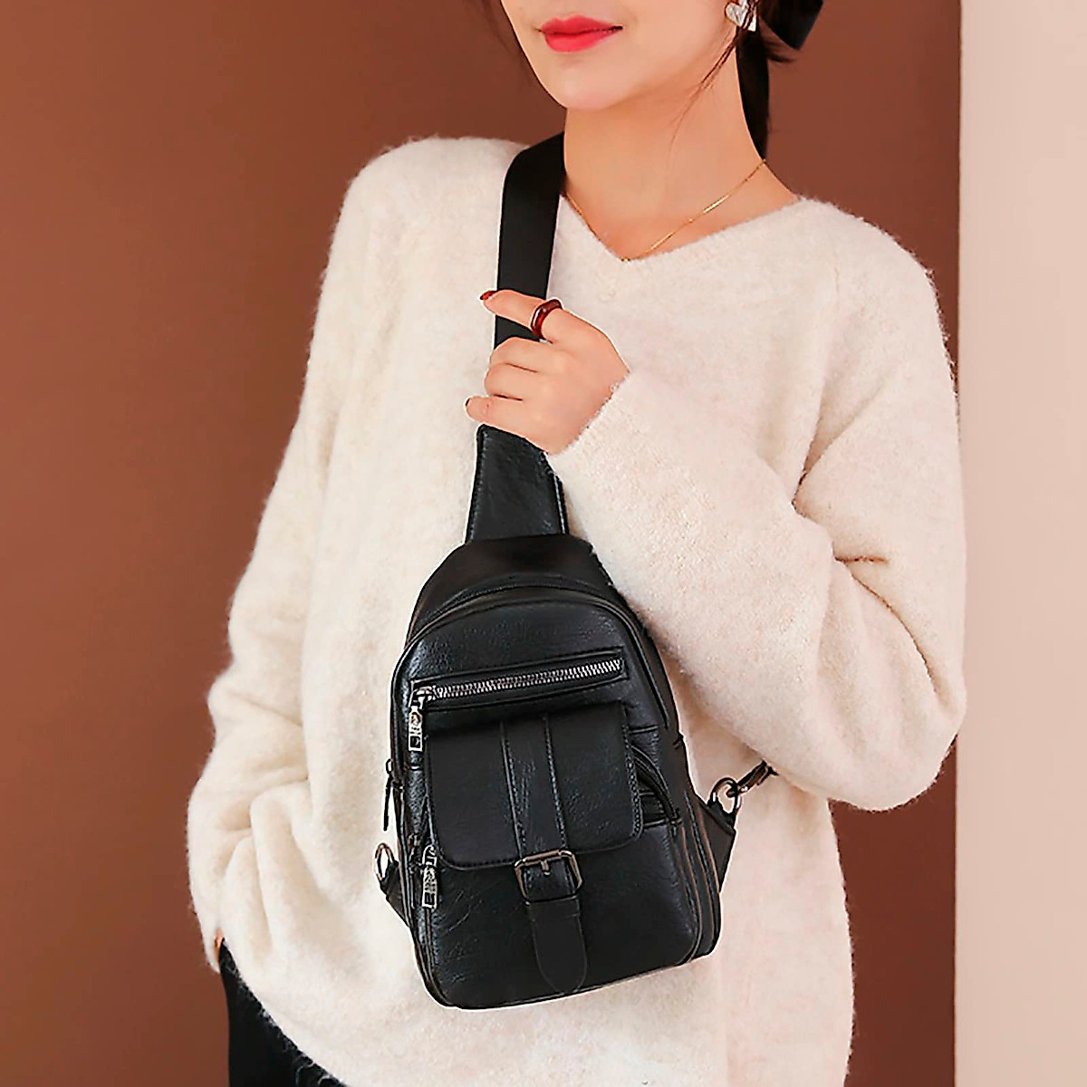 RUIVE Men And Women Chest Bag Sling Bag Small Crossbody PU Leather Satchel Daypack Fashion Shoulder Strap (Black, One Size)