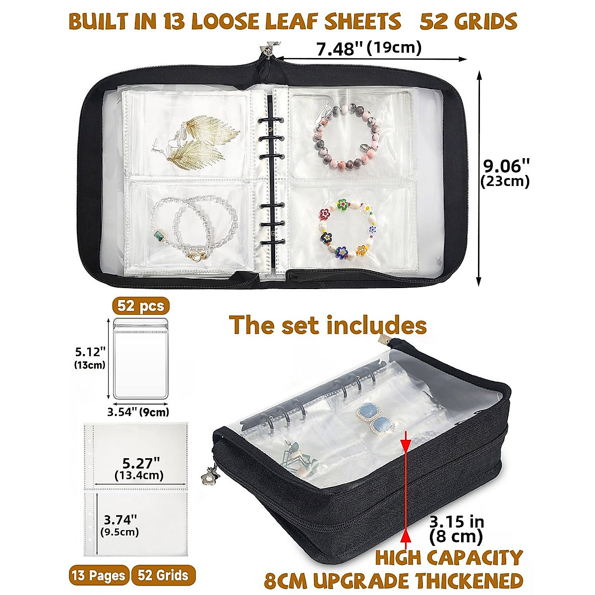 AVELIO Bracelet Storage Organizer Travel Jewelry Organizer Transparent Jewelry Storage Book High Capacity for Earring, Necklace, Ring, With pvc Jewelry Pouches Zipper Bags