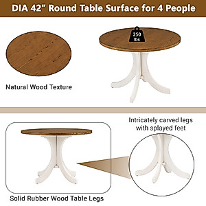 5-Piece Round Dining Table Set Solid Wood Kitchen Table and Chairs for 4, Mid-Century Modern Small Breakfast Table Set with 4 Upholstered Dining Chairs, Walnut Table+Beige Chair