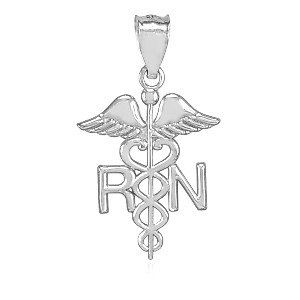 American Heroes Polished 10k White Gold Caduceus RN Charm Registered Nurse Pendant Necklace, 18"