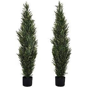 TRESIL Two 4 Foot Outdoor Artificial Cedar Topiary Trees Uv Rated Potted Plants
