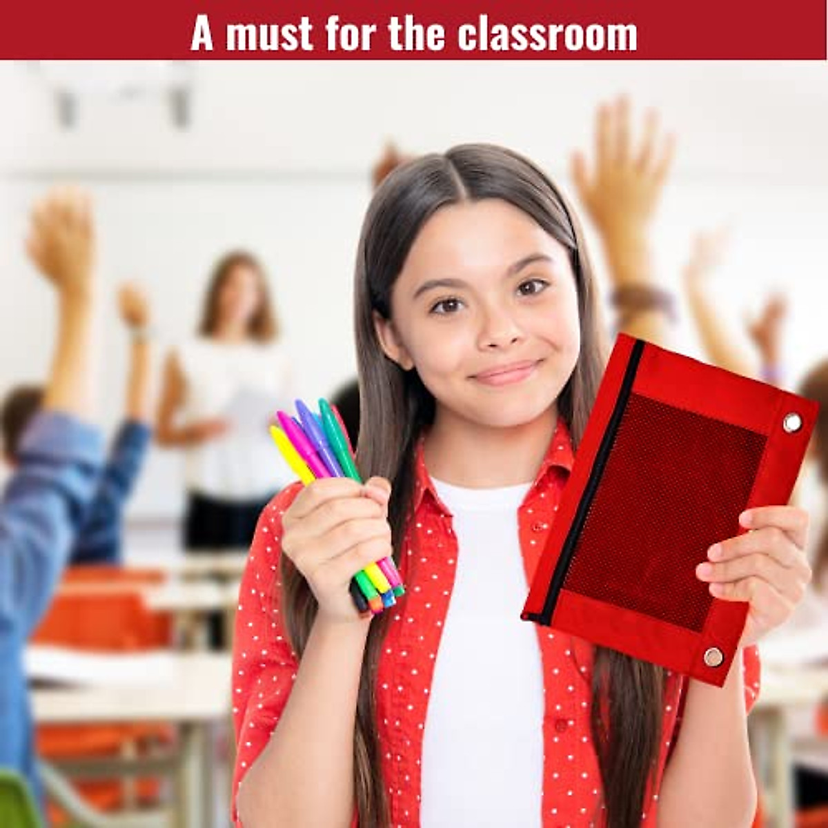 SCHOOLIO Pencil Pouch for 3 Ring Binder | Special Pencil Case Colored Red for Kids and Adults | Zipper Pencil Pouch Pen and Pencil Holder Multipurpose Binder Pouch