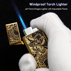 Windproof Butane Gas Filled Lighter, Jet Flame Dragon Lighter, Refillable Torch Lighter with Adjustable Flame for Camping, Outdoor Activities, Candles and More - Lightweight, Stylish and Portable-Gold