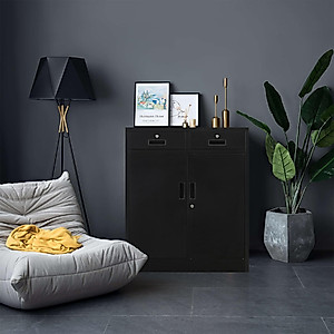 YEEZER Metal Storage Cabinet with 2 Drawers. Lockable Steel Storage Cabinet with Doors and Shelve, 37”H Office Cabinet for Home, Garage, Warehouse with Large Storage Space. (Black)