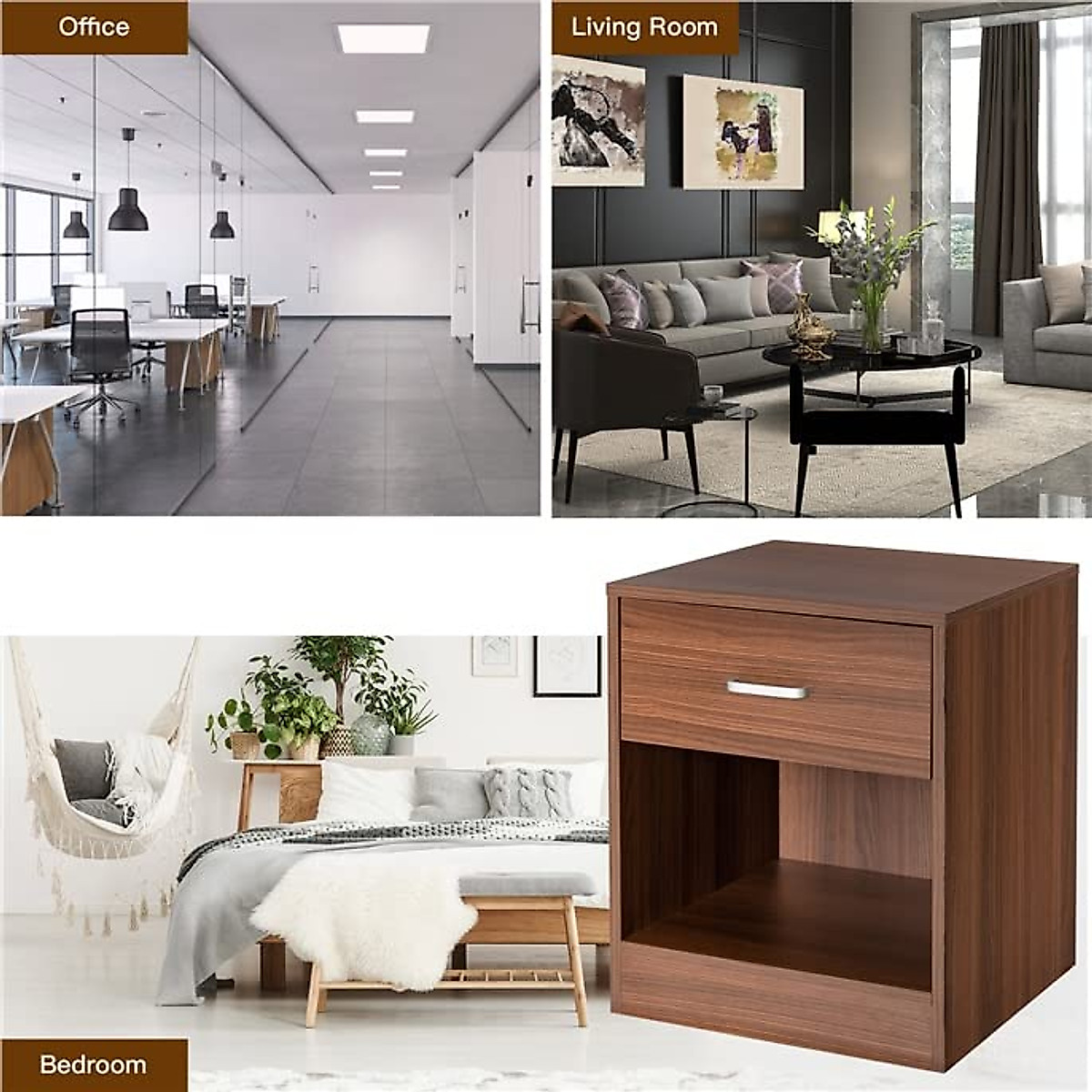 SAFEPLUS End Table Wood nightstand Side Cabinet with Drawer & Shelves for Bedroom (Brown, 2 Pack)