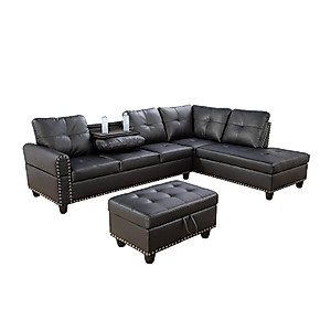 Ainehome Living Room Sectional Set, Leather Sectional Sofa in Home, with Storage Ottoman and Matching Pillows (Right Hand Facing,Black)