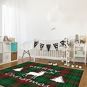 Area Rug Absorbent Non-Slip Rectangle Rug Merry Christmas Elk and Christmas Tree Red and Green Plaid Rugs for Living Room Bedroom Kitchen Entryway, Soft Floor Mat Indoor Carpet Accent Rugs 2x3 Feet