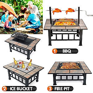 SINGLYFIRE 37 Inch Fire Pit Table with Grill for Outside Large Square Wood Burning firepit Heavy Duty Steel Bonfire Pit Cooking with Spark Screen Log Grate Poker for Backyard Garden Camping