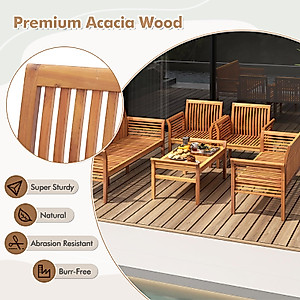 Tangkula 5 Piece Patio Furniture Set, Acacia Wood Conversation Set with 3-Seat Bench, Loveseat, 2 Armchairs & Coffee Table, Cushioned Outdoor Chair Set for Porch, Balcony (Off White)