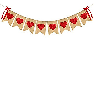 Burlap Heart Banner Garland Valentines Day Decoration Red Glittery Heart Banner with Bow Valentines Banner for Wedding Anniversary Baby Shower Bridal Shower Birthday Party Decorations Supplies