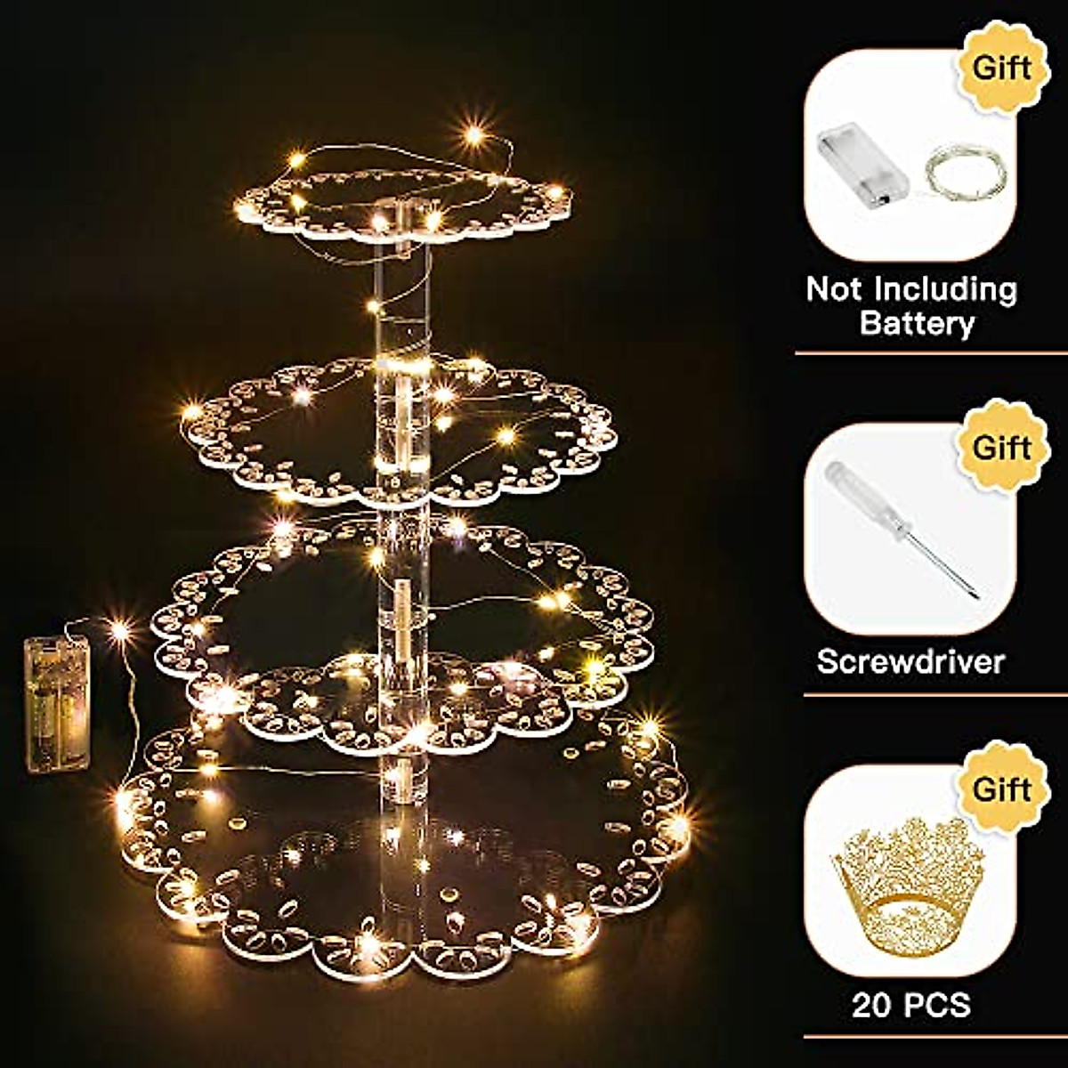 Sibeauty Cupcake Stand 4 Tier Round Acrylic Cupcake Display Stand with LED String Lights Cupcake Holder Stand Dessert Pastry Tower for Wedding Birthday Party