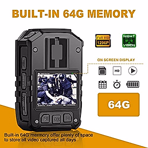 1296P HD Police Body Camera,64G Memory,CammPro I826 Premium Portable Body Camera,Waterproof Body-Worn Camera,Night Vision,GPS for Law Enforcement Recorder,Security Guards,Personal Use1