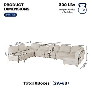 LLappuil Oversized Modular Sectional Fabric Sofa Set, Extra Large L Shaped Couch Reversible Chaise Modular Sectional Couch, 113.5 inch Width,8 Seat Modular Sofa with Storage Ottoman, Linen,Off White