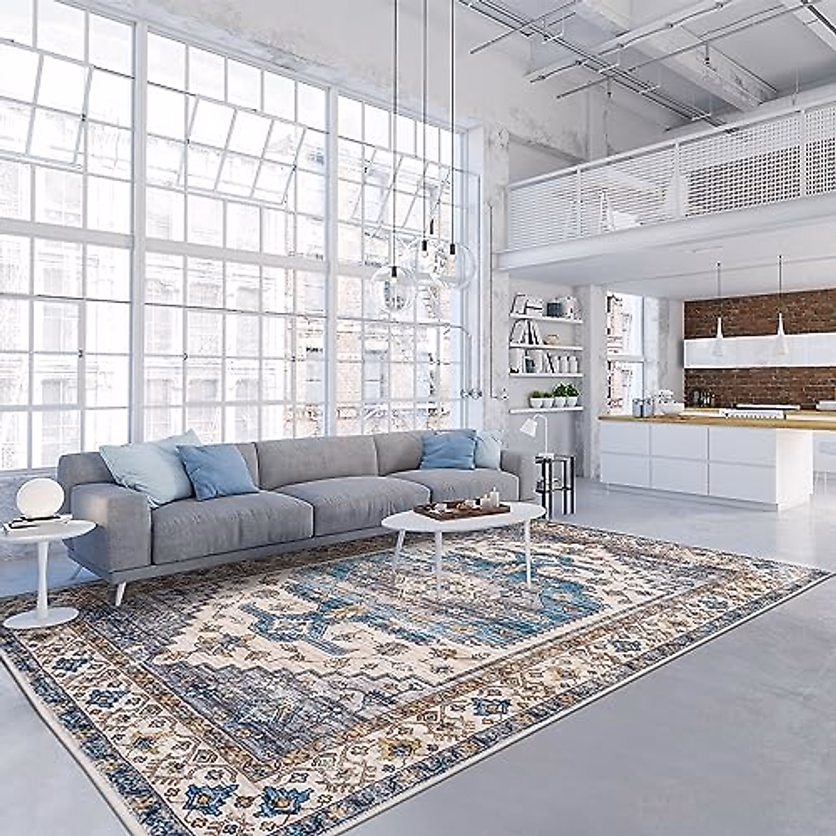 DECOMALL FINEEN 8x10 Area Rugs, Boho Rug for Bedroom, Vintage Distressed Medallion Carpet for Living Room, Beige Blue Multi, 8'x10'