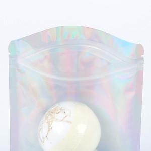 QQ Studio Pack of 100 Windowed or Double Sided Holographic Stand Up Packaging Bags with QuickQlick™ Seal for Food and Snacks (Clear & Silver Base Hologram, 11x16cm (4.3x6.3"))