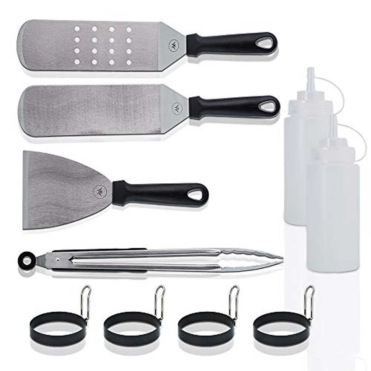 Weselyn Flat Top Grill Accessories Kit - 11-Pc Griddle Set with Melting Dome, Burger Spatulas, Scraper, Egg Rings and Squirt Bottles - Stainless Steel BBQ Tool Kit Ideal Blackstone Accessories