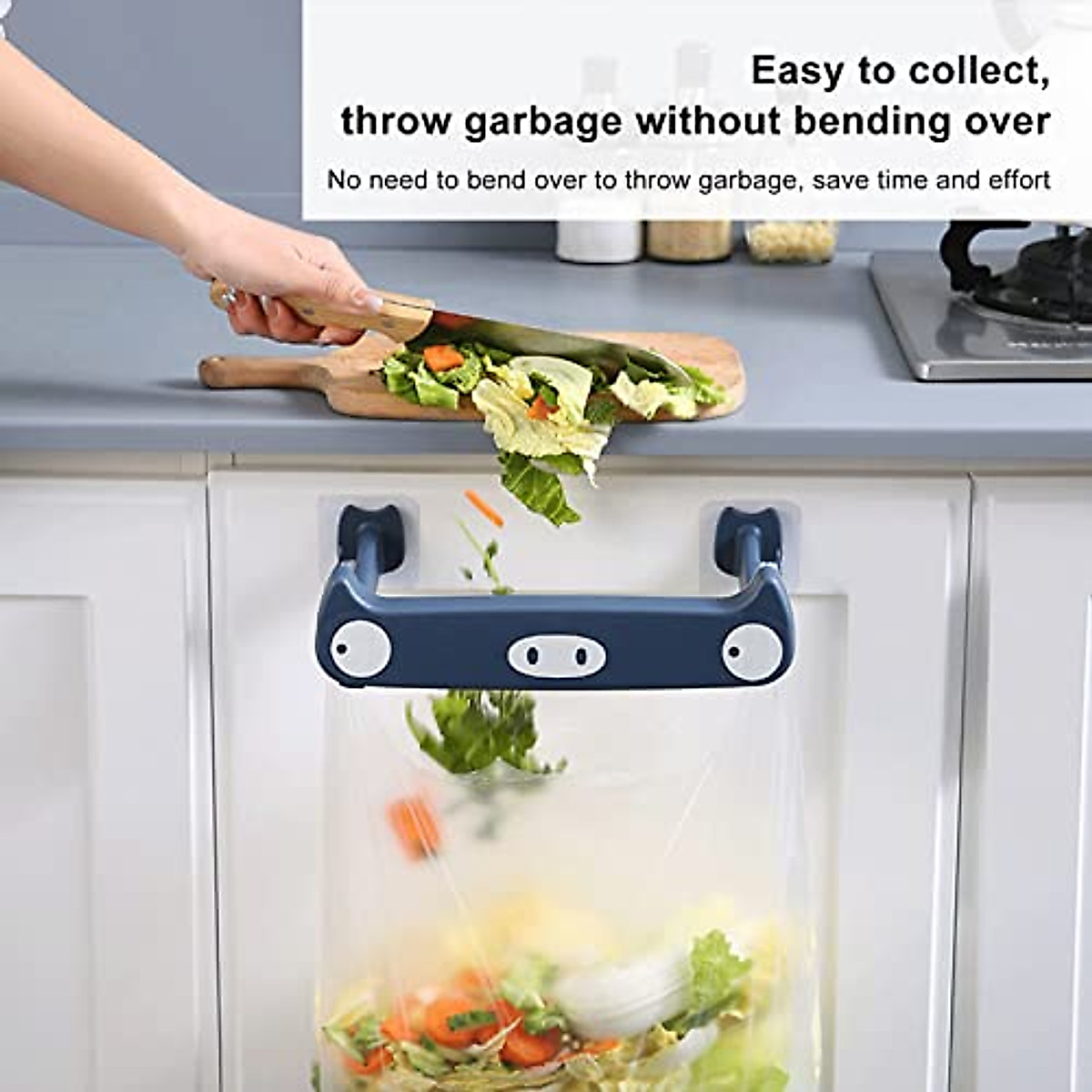 Kitchen Wall Hooks Rack Rail,Over The Cabinet Plastic Bag Holder,Trash Bag Holder Cartoon Pig Style Punch Free Sturdy Durable PP Space Saving Wall Mounted Utensil Hanger(blue)